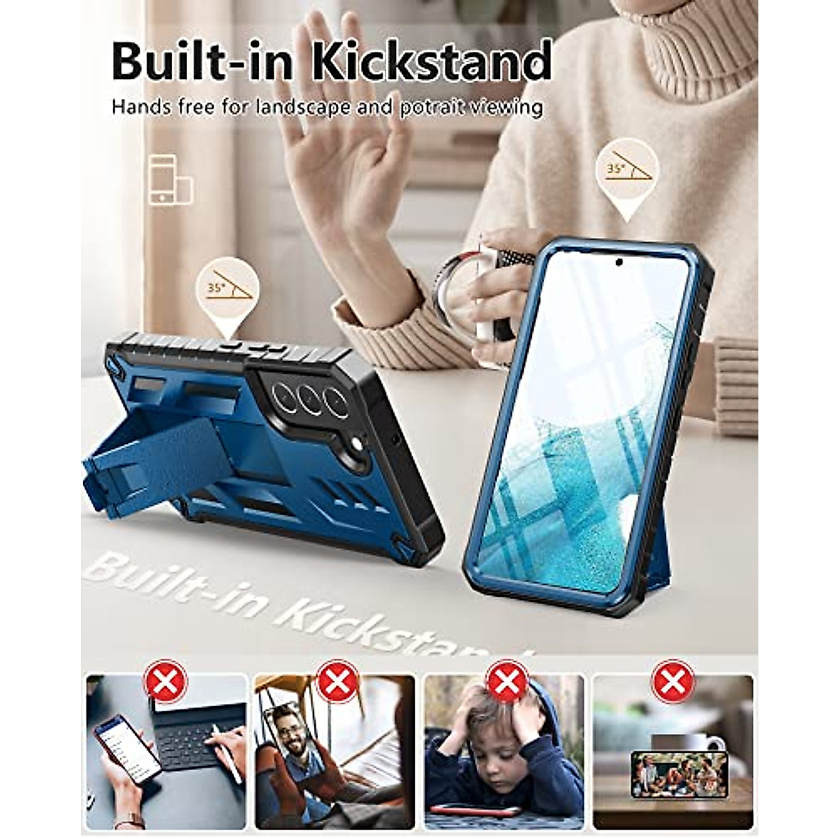 SOiOS for Samsung Galaxy S22 Protective Case: Military Grade Drop Proof Protection Mobile Phone Cover with Kickstand | Rugged Shockproof TPU Matte Textured Sturdy Phone Bumper (Blue)