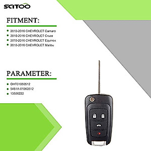 SCITOO Replacement for 4 Buttons Keyless Entry Remote Key Fob for Chevy for Malibu for Camaro for Cruze for Equinox OHT01060512 1PC