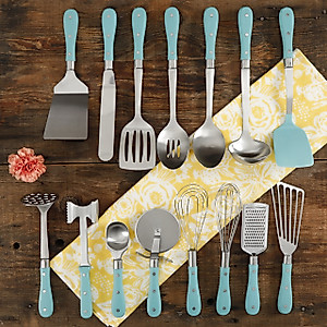 Pioneer Woman Frontier Teal Blue 15 Pc Set Kitchen Tool Stainless Steel Spoon Whisk Spatula Set