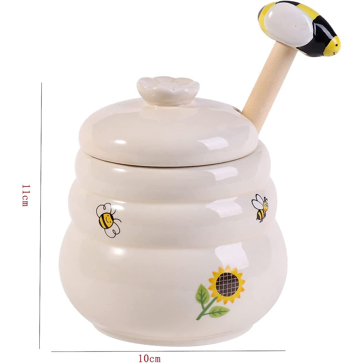 Ceramic Honey Jar with Wooden Honey Dipper-Honey Pot with Dipper- Honey Jar with Stand, Great Bee Decor- Farmhouse Kitchen Decor