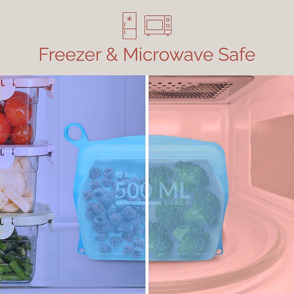 Reli. Reusable Silicone Bags (2 Pack) | Snack (500 ml) - Aqua | Silicone Bags for Food Storage | Small Reusable Food Storage for Meal Prep, Lunch Boxes | Leak-Proof, Dishwasher/Freezer Safe