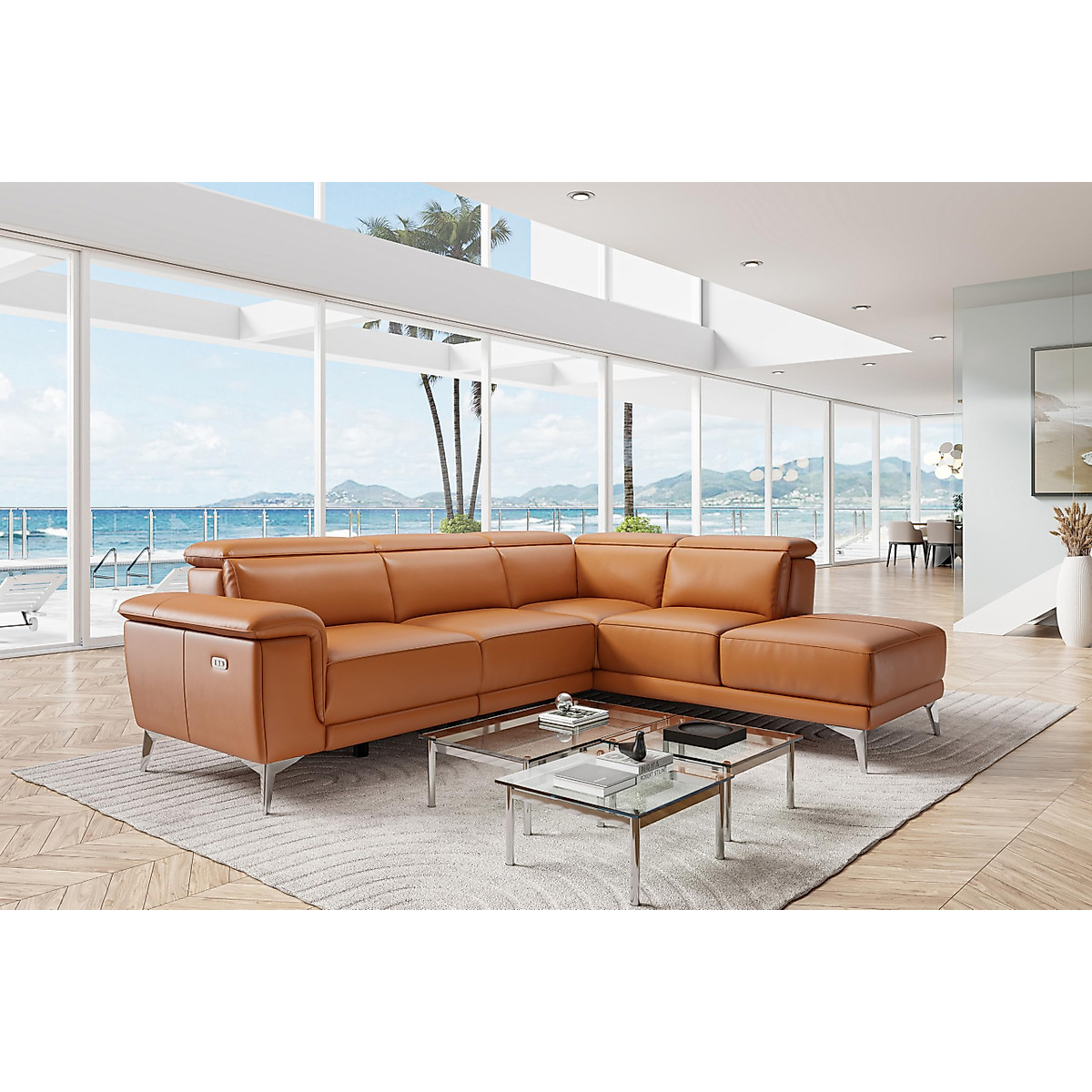 Valencia Pista Geniune Leather Reclining Sectional Sofa with Right Hand Chaise -| Power Recliner Chair, Nappa 11000 Leather | L Shaped Couch for Living Room Furniture, Cloudy Grey