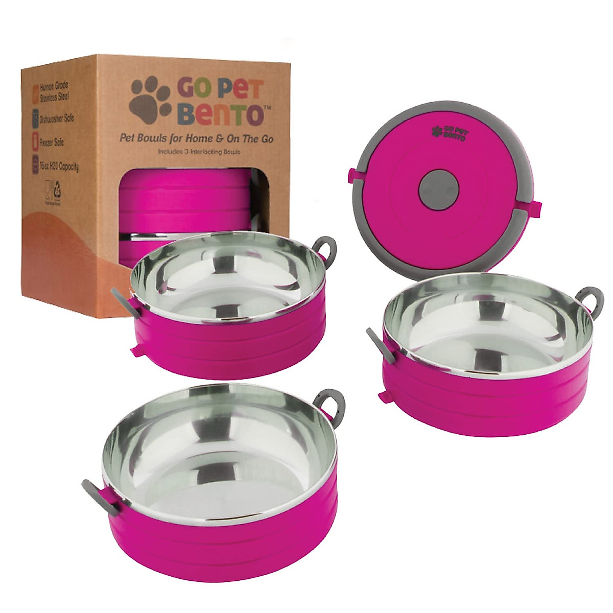 Healthy Human Travel Dog Bowls, Stainless Steel Portable Bento Bowls, Interlocking Set of 2 Bowls with Spare Clips and Handle, Ideal for Small to Medium Dogs
