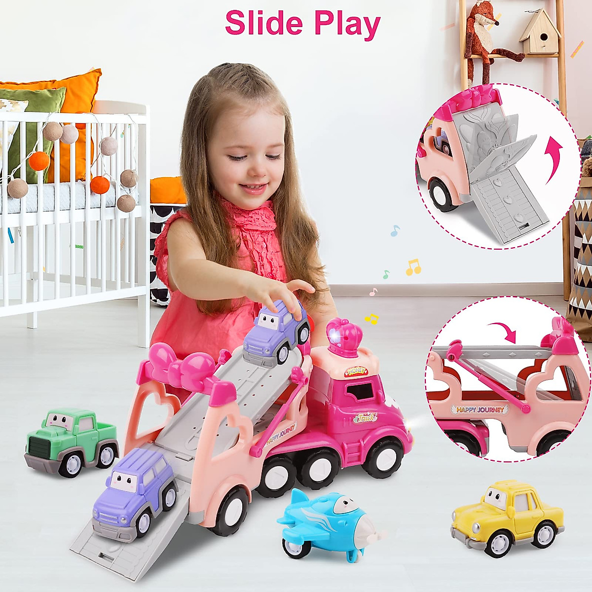 FindGood Toys for 1 2 3 Year Old Girl Pink Truck, 5-in-1 Carrier Truck Toys for Toddler Girl, Princess Toy Cars with Light & Sound, Birthday Gifts for 1 2 3 Year Old Girls