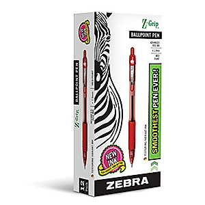Zebra Pen Z-Grip Retractable Ballpoint Pen, Medium Point, 1.0mm, Red Ink, 12-Count