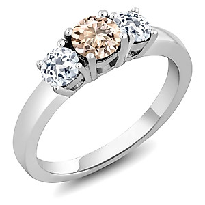 Gem Stone King 925 Sterling Silver Peach Morganite and White Topaz Ring For Women (1.06 Ct Round, Available in size 5, 6, 7, 8, 9)