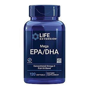 Life Extension Mega EPA/DHA – High Concentrated 2000mg Omega 3 Fatty Acid Fish Oil Blend Supplements - for Heart, Brain & Joint Health Support – Gluten-Free, Non-GMO – 120 Softgels