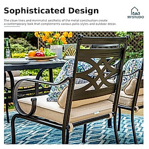 MFSTUDIO 7 Pieces Outdoor Patio Dining Set for 6, Steel Frame Slat Larger Rectangular Fretwork Table with 1.7" Umbrella Hole and 6 Metal Mesh Chairs for Backyard, Garden, Lawn