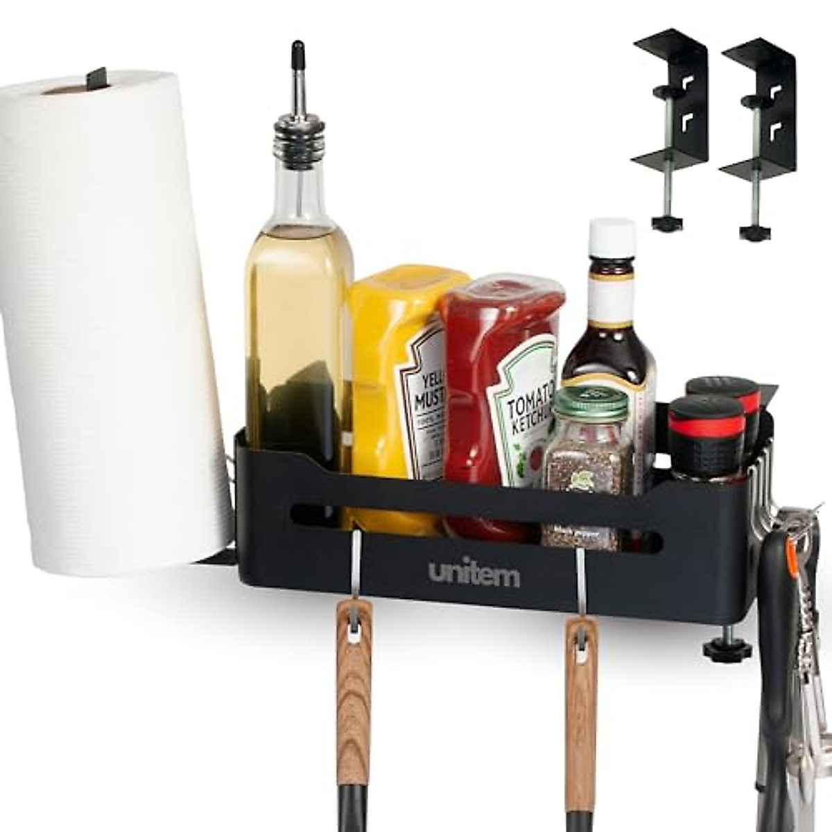 unitem Griddle Caddy for Blackstone 17"/22"/28"/36" Griddles/Prep Cart with Side Shelf, Space Saving for BBQ Grill Accessories Storage Box with Magnetic Strip, Paper Towel Holder & 6 J-Hooks