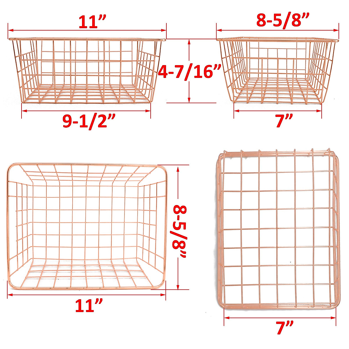 Metal Wire Storage Basket with Handles for Kitchen Food Pantry Papers Home Office Desk Basket Bathroom Laundry Room Basket Bedroom Bed Room, Rose Gold