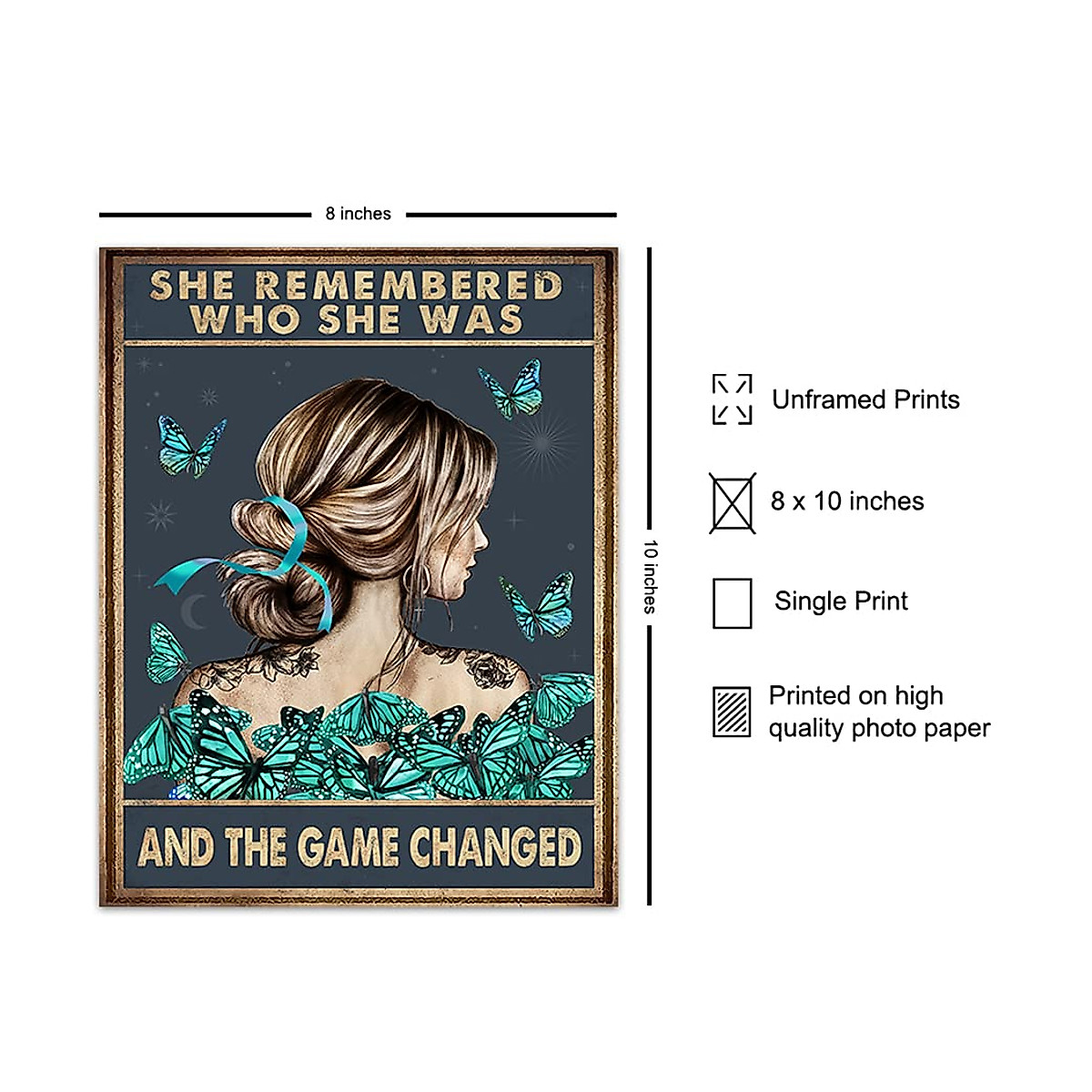 She Remembered Who She Was And The Game Changed - Positive Quotes Wall Decor - Uplifting Inspirational Encouragement Gifts for Women, Teen Girls - Motivational Wall Art - Light Blue Boho Decoration