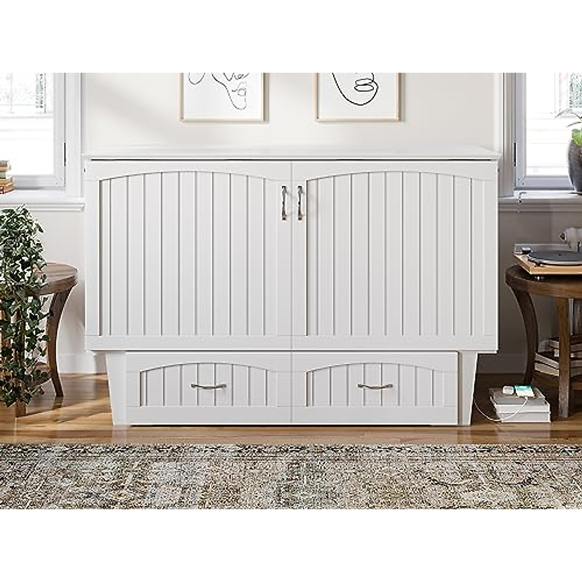 AFI, Sydney Modern Coastal Queen Solid Wood Murphy Bed Chest with Mattress in White