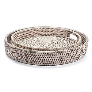 13.8 inch Round Rattan Tray, Decorative Coffee Table Tray, Ottoman Tray, Woven Serving Tray with Handles, Wicker Serving Basket, Whitewash