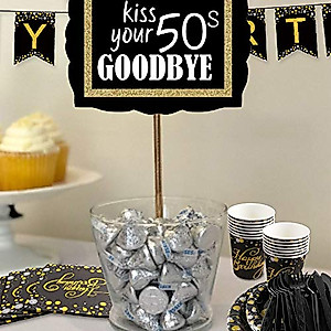 Rainmae 50th Birthday Party Supplies Tableware Set - Serves 16 Guest-Plates, Cups, Napkin, Knife, Spoon, Fork, Table Cloth, Sparkling Banner for 50 Years Old Party Decoration, 50th Wedding Anniversary