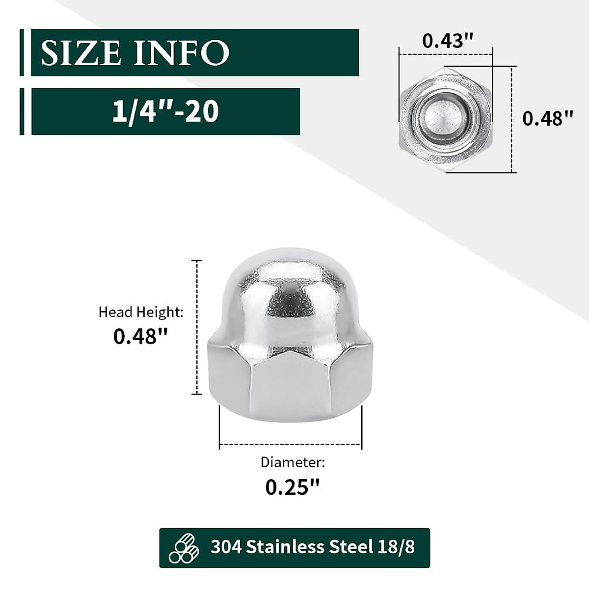 1/4-20 Stainless Steel Acorn Cap Hex Lock Nuts, Bright Finish, 304 Stainless Steel 18-8, 30 PCS