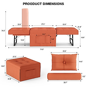 yotefe Sofa Bed, 4 in 1 Convertible Chair Multi-Function Folding Ottoman Guest Bed with Adjustable Backrest for Living Room, Apartment, Office 71.9''W (Fabric, Orange)