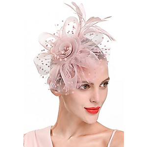 Zivyes Blush Pink Fascinators Hat for Women Tea Party Headband Kentucky Derby Wedding Cocktail Flower Mesh Feathers Hair Clip