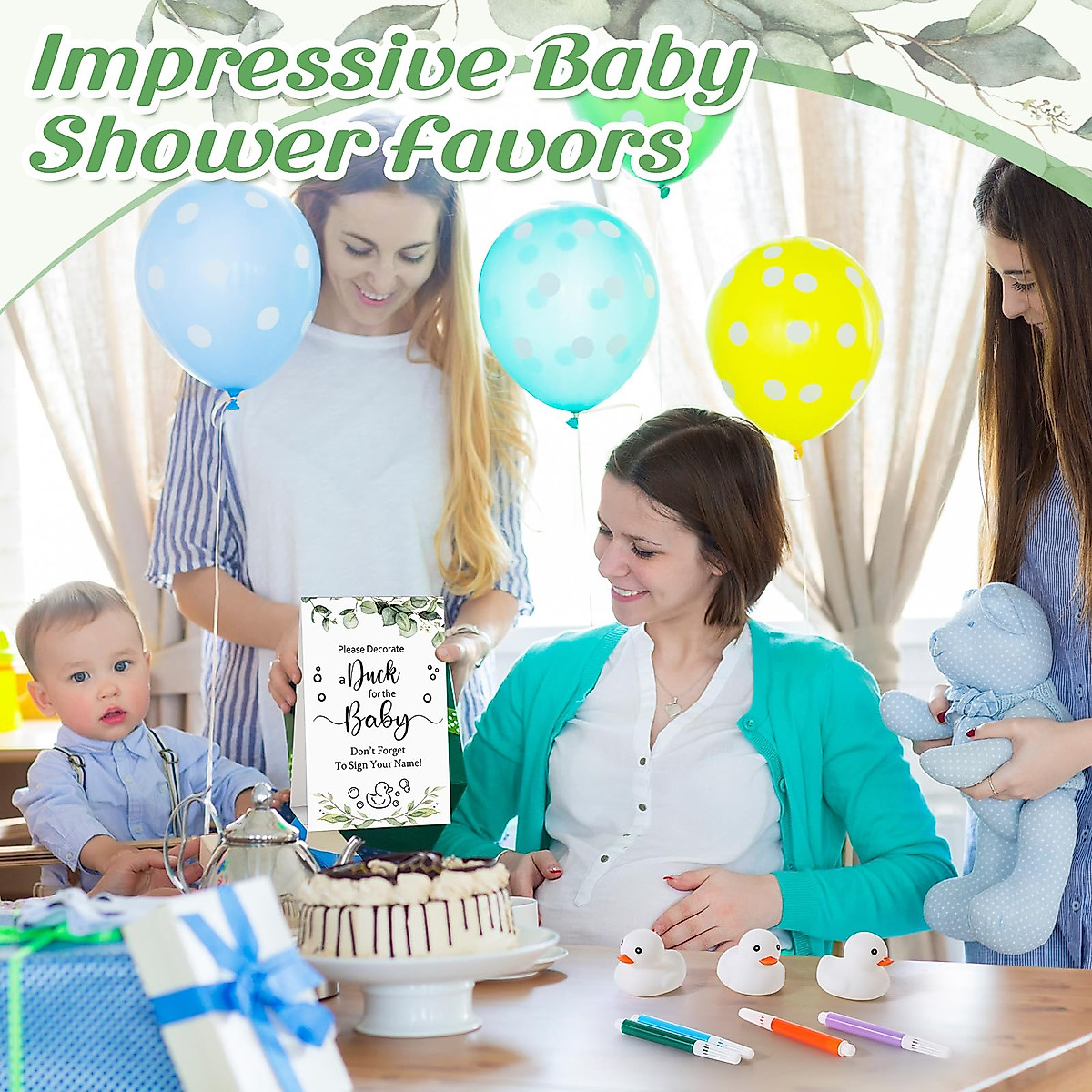 Seenelling 45 Pcs Baby Shower Decorate Ducks Game Set Includes Baby Shower Game Sign 32 DIY Blank Rubber Ducks 12 Paint Marker White Blank Rubber Duck Prize for Baby Shower Gender Revel Game(Leaves)