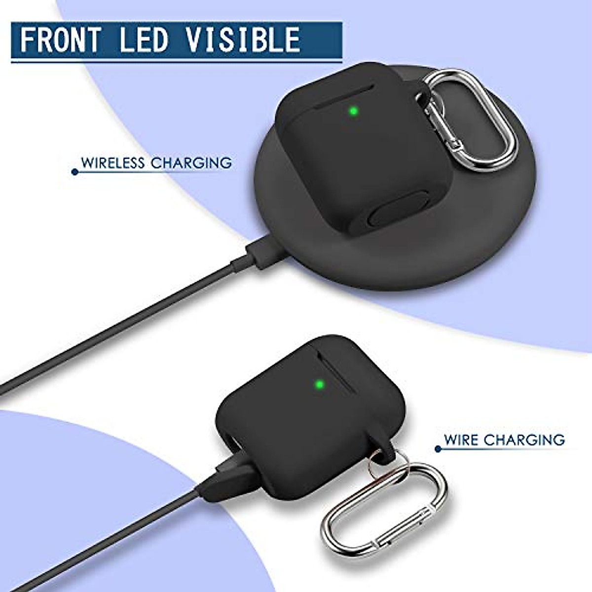 R-fun AirPods Case Cover, Soft Silicone Protective Cover with Keychain for Women Men Compatible with Apple AirPods 2nd 1st Generation Charging Case, Front LED Visible-Black