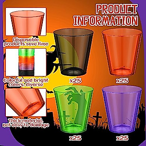 Sunnyray Halloween Plastic Shot Glasses Bulk 2 oz Clear Hard Plastic Disposable Cups Colorful Small Tasting Cups Disposable for Wine Whiskey Food Halloween Party Drinking Supplies (Classic,100 Pcs)
