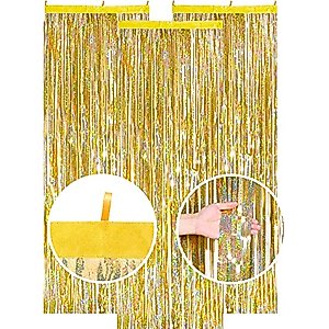 PartyBySam Gold Party Backdrop, Golden Foil Fringe Curtains for Birthday Halloween Party Decorations, Wall Door Hanging Streamers for Graduation, New Year Party Background (3 Pack 3.2Ft x 8.2Ft)