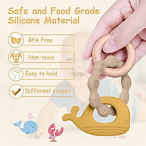 Vicloon Baby Teether Toys, Silicone & Natural Wood Teether Ring, Baby Teething Toys for Babies 0 Months+, Silicone Chewable Rings for Newborn Gift（Yellow）