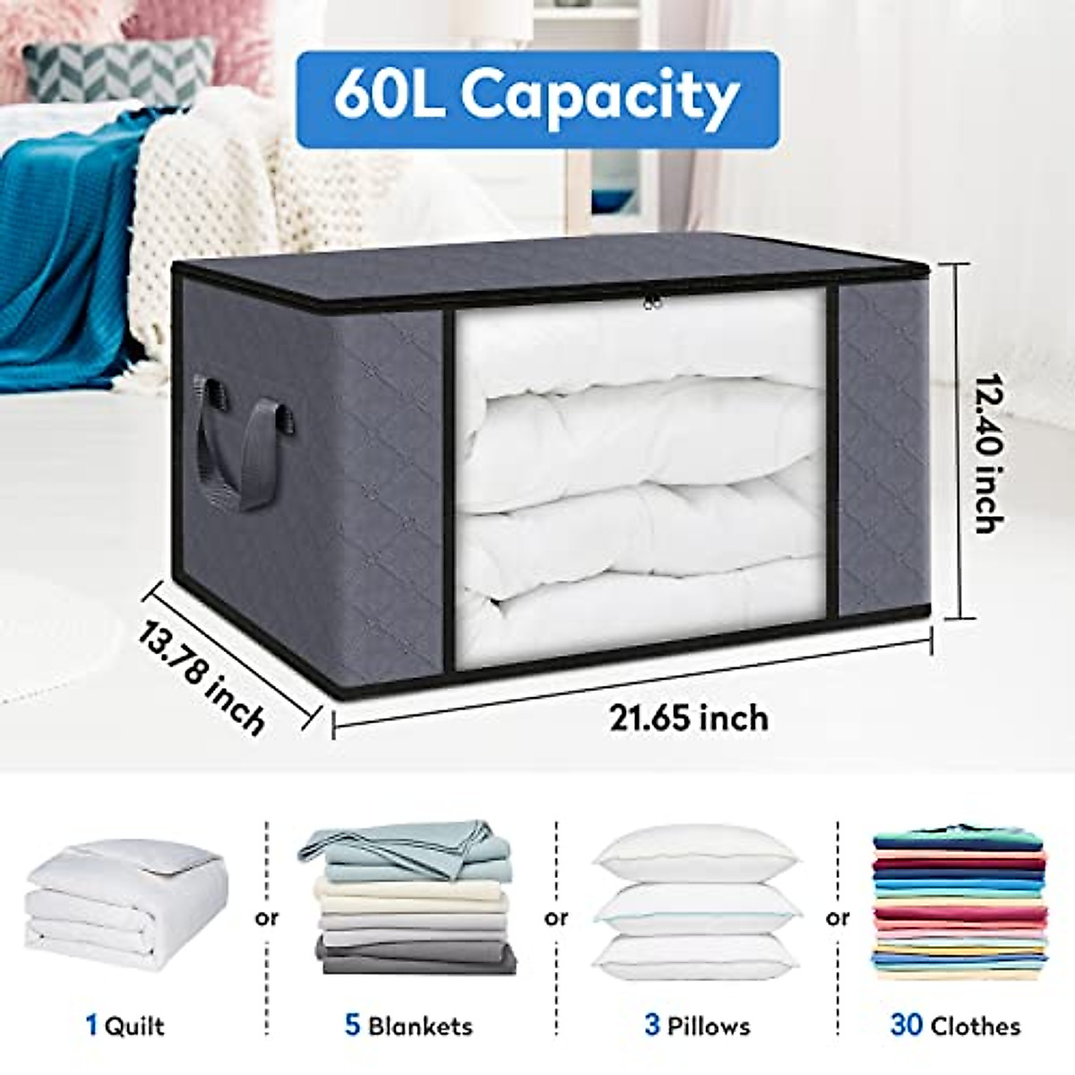 Fabspace Storage Bags Large Capacity Clothes Storage Bins With Durable Handles Sturdy Zippers Thick Fabric for Clothing, Comforter, Blanket Storage Collapsible Closet Containers, 4 Pack, 60L, Grey