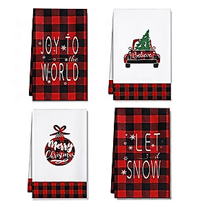 Christmas Kitchen Towels Set of 4, Black and Red Buffalo Plaid Christmas Dish Towels, Truck Ball Holiday Christmas Hand Towels for Kitchen, Bathroom, Cooking, Baking