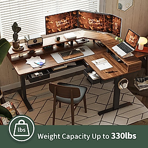 FEZIBO L Shaped Standing Desk with LED Strip & 2 Drawers, Triple Motors Supports Over 300lbs, Upper and Lower Storage Shelves Available, Electric Height Adjustable, for Home Office, Black Walnut