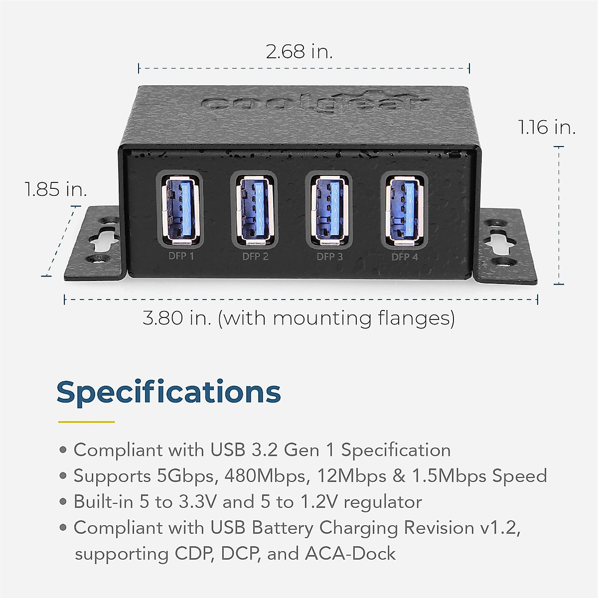 USB 3.2 Powered 4-Port Mini Hub, 5Gbps Fast Data Transfer with ESD & Surge Protection – Durable and Mountable USB Hub