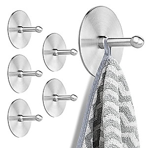 Hystun Towel Hooks Adhesive Hooks Stainless Steel Hooks for Hanging Heavy Duty Waterproof Self Adhesive Wall Hooks No Drilling Towel Hooks for Bathrooms Bedroom Kitchen Hanging Robe Coat- 6 Packs