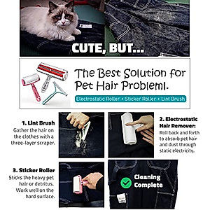 LIJIU® Pet Hair Remover Roller 3Pack for Cleaning Cat Fuzzy & Dog Hair on Cloth, Furniture, Couch, Carpet, Bed and etc. (Contain Reusable Roller, Sticky lint Roller & pet Hair Scraper)