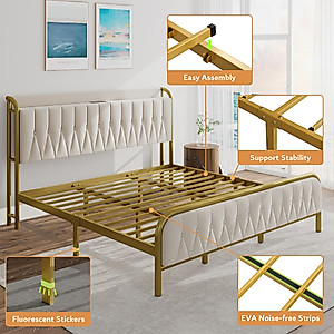 iPormis King Size Metal Bed Frame with Charging Station, Velvet Headboard and Footboard, Heavy Duty Steel Support, 12" Under Bed Storage, No Box Spring Needed, Easy Assembly,Beige&Gold