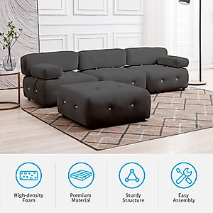 Mjkone Modular Sectional Sofa with Reversible Chaise, Velvet L Shaped Cloud Couch with Reversible Ottoman, 4 Seater Couch Button Tufted Designed, DIY Combination Sofa for Living Room, Dark Grey