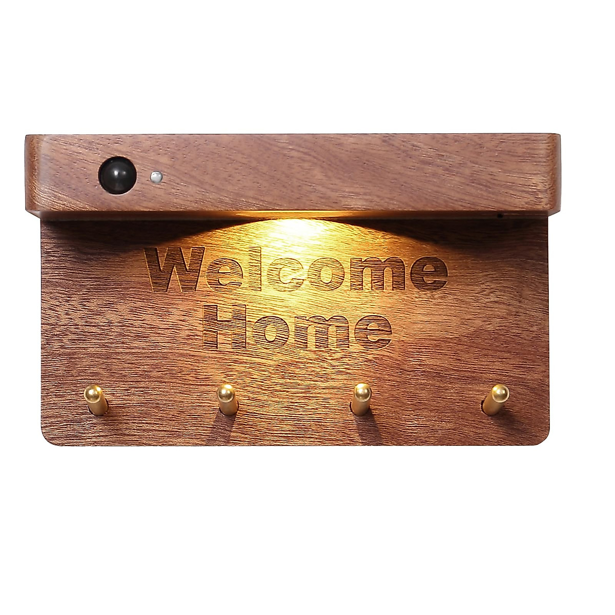 Wooden Key Holder with Motion Sensor light, Wall-Mounted Light Key Holder, Decorative Key Hanging Rack with 4 Hooks – Easy Install Wall Key Holder Light Shelf for Home Entryway Decor (Dark Brown)