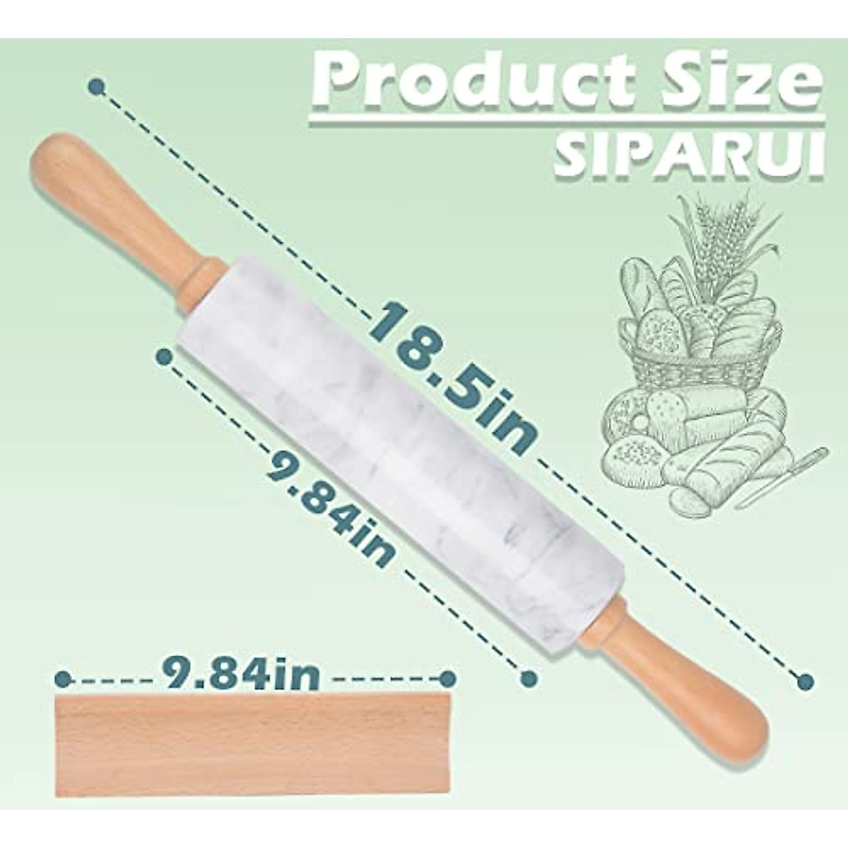 SIPARUI Marble Rolling Pin with Wooden Cradle Thick Handle Set for Baking,18.5 inch Premium Quality Polished Roller for Pizza Dough,Fondant,Pie Crust,Non-Stick Surface Easy to Clean(White)