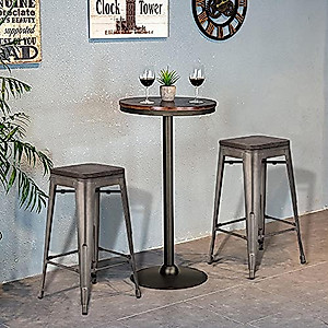 Yaheetech 24 inches Metal Bar Stools Counter Stool Indoor/Outdoor Stackable Barstools Counter Wood Top/Seat Bar Stools Set of 4, Gunmetal