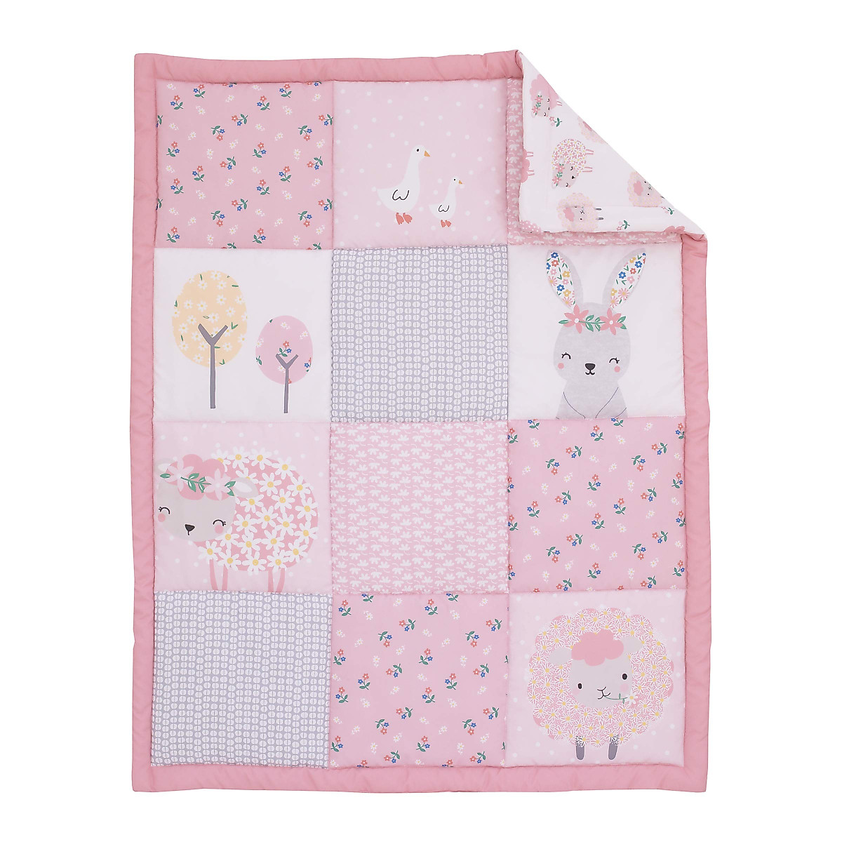 Little Love by NoJo Farm Chic - Little Lambs Pink, Grey and White 3 Piece Crib Bedding Set- Comforter, Fitted Crib Sheet, Dust Ruffle