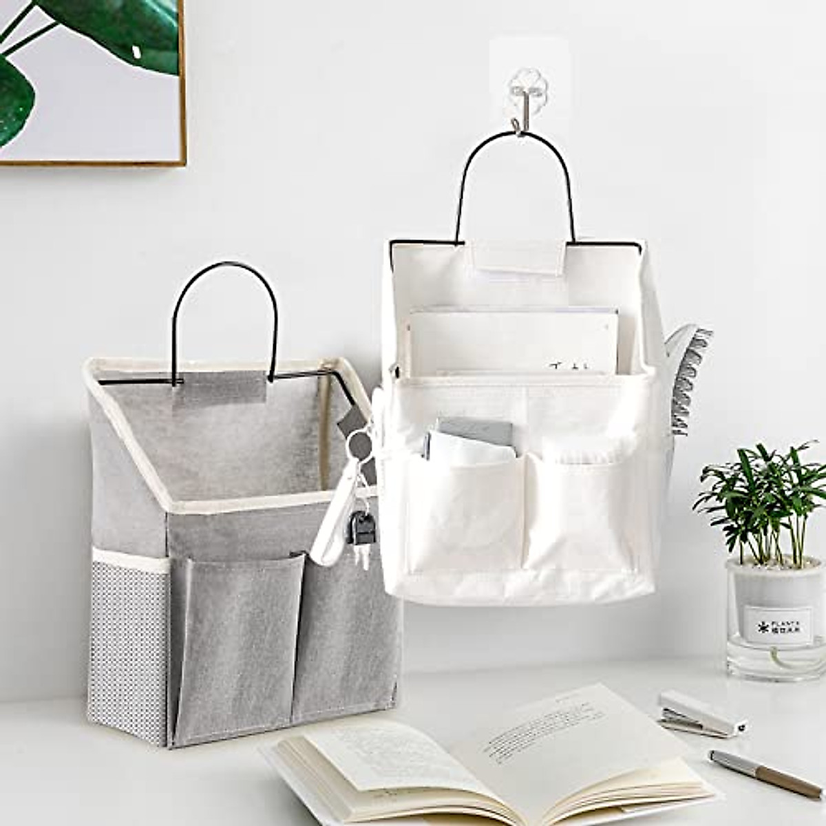 4 Pack Wall Hanging Storage bag Fabric Hanging Bag Organizer with 4 Pockets Wall Basket Organizer Hanging Storage Basket with 8 PCS Sticky Hooks for Bathroom Kitchen Dormitory (2 White+2 grey)