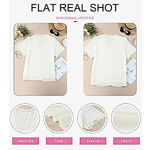 Dokotoo Womens Ladies Summer Fall Sexy Lace Crochet V Neck Short Sleeve Pom Pom Boho Shirts 2024 Spring Casual Loose Solid Chiffon Blouses for Women Tops Apricot XL