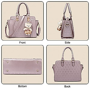 4Pcs Handbag Set for Women, PU Leather Tote Shoulder Bags Top Handle Satchel Bag Purse Clutch Card Holder with Bear Pendant (Pink)