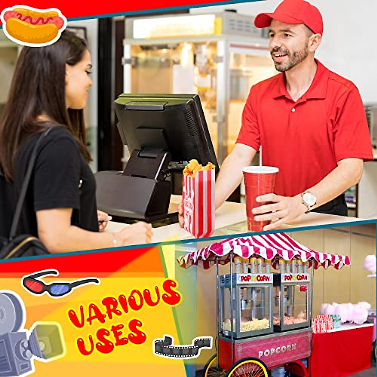 Sherr 500 Pcs Paper Popcorn Bags Disposable Popcorn Bags Individual Servings 1 oz Red and White Paper Bags Popcorn Machine Accessories Small Popcorn Bag for Movie Nights, Concessions, Birthday Party