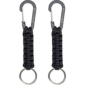 BRAVESHINE Keychain Hook with Paracord Strap 2 Pack Black Metal Key Ring Carabiner Hanger Para Cord D Locking Keyring Clip for Keys, Backpack, Boys, Girls, Men, Women, Camping, Hiking, Travailing