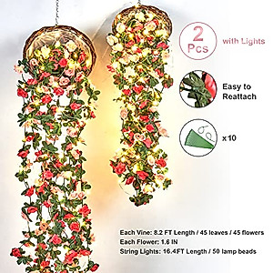 BLEUM CADE 2 Pcs 16.4Ft Flower Garland Artificial Rose Vines with 16.4Ft String Lights, Fake Flower Vines Garland Decorations for Wedding Party Valentines Day Christmas Wall Room Decor Aesthetic