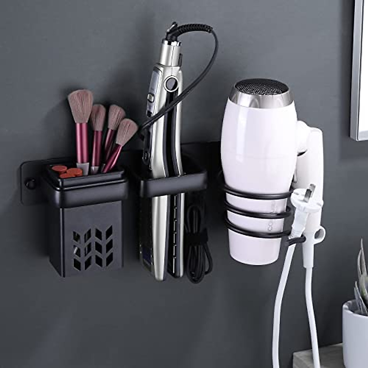 DELITON Hair Dryer Holder Wall Mount - Blow Dryer Holder, Hair Dryer Rack & Hair Styling Care Tool Organizer - Storage Basket with Plug Hook, Black