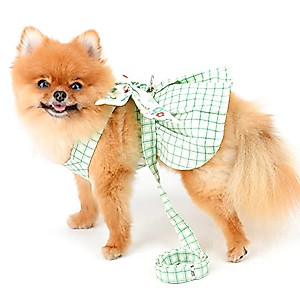 PAIDEFUL Plaid Dog Harness Dress for Small Medium Dogs Female Girls Flowers Tutu Skirt Pet Clothes with Leash 1.5m Cats Apparel Puppy Chihuahua Yorkie Clothing Spring Summer Green L