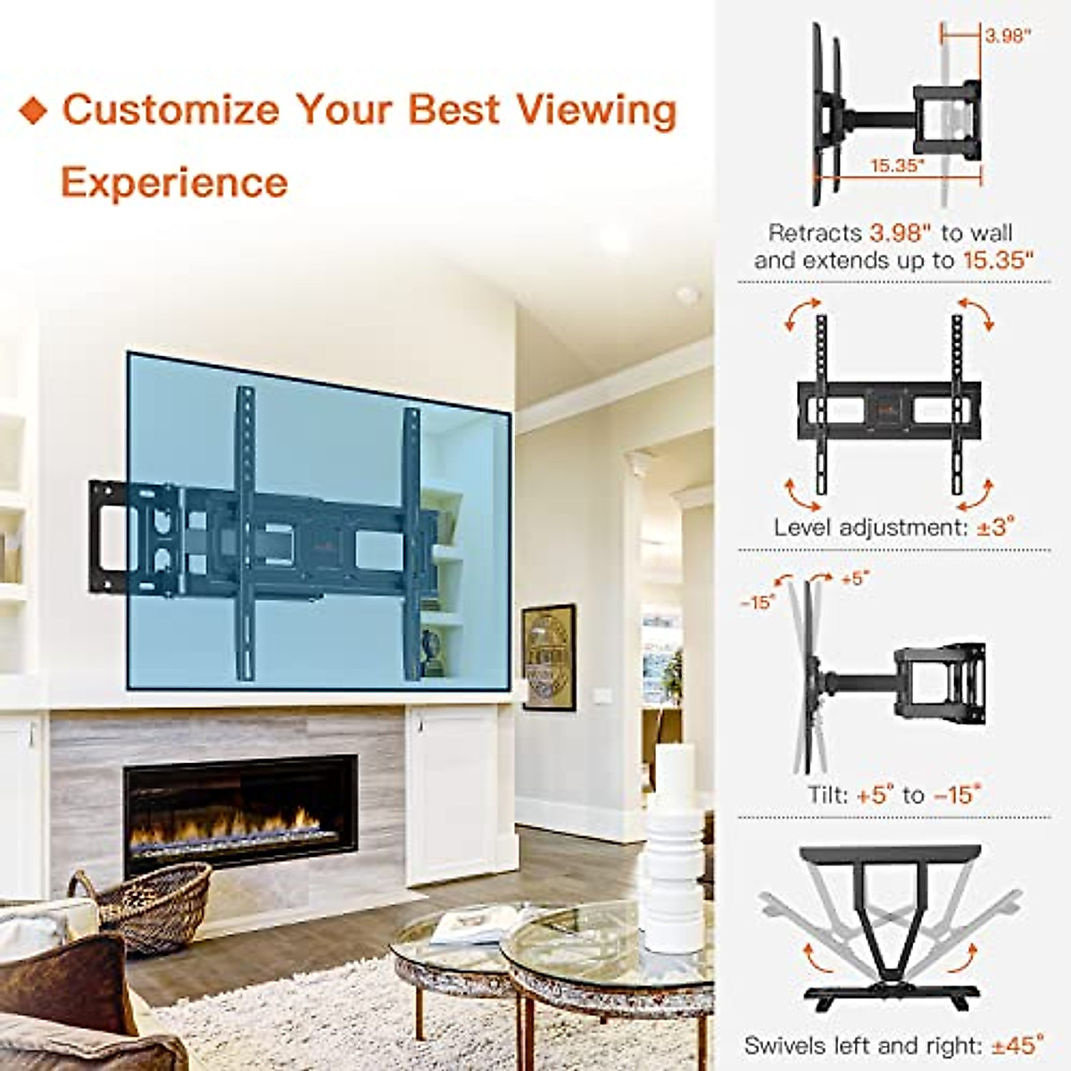 Perlegear TV Wall Mount Bracket Full Motion for 26-65 Inch LED, LCD, OLED Flat Curved TVs, TV Mount with Dual Swivel Articulating Arms Extension Tilt Rotation, Max VESA 400x400mm Fits 12/16" Wood Stud