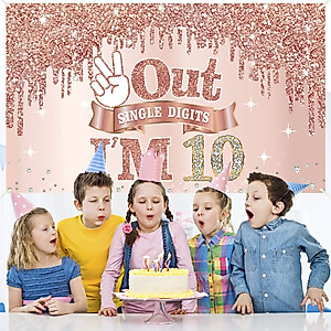 Large 10 Years Old Birthday Banner Decorations for Girls, Pink Rose Gold 10th Birthday Backdrop Party Supplies, Out Single Digits I'm 10 Bday Poster Background Sign Decor