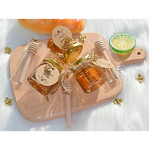 IIKUM 20 Pack 1.5 oz Hexagon Mini Glass Honey Jars with Wooden Dippers, Gold Lids, Bee Pendants, Golden Gift Bags, Thank You Cards, Jutes - Perfect for Baby Shower, Wedding Favors and Party Favors