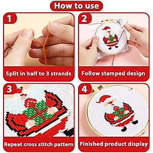 ZOIIWA 6PCS Christmas Cross Stitch Kits for Beginners DIY Embroidery Kit for Kids Adults Needlepoint Starter Kits Craft with Santa Snowman Gingerbread Man Socks Christmas Tree Truck Craft Supplies